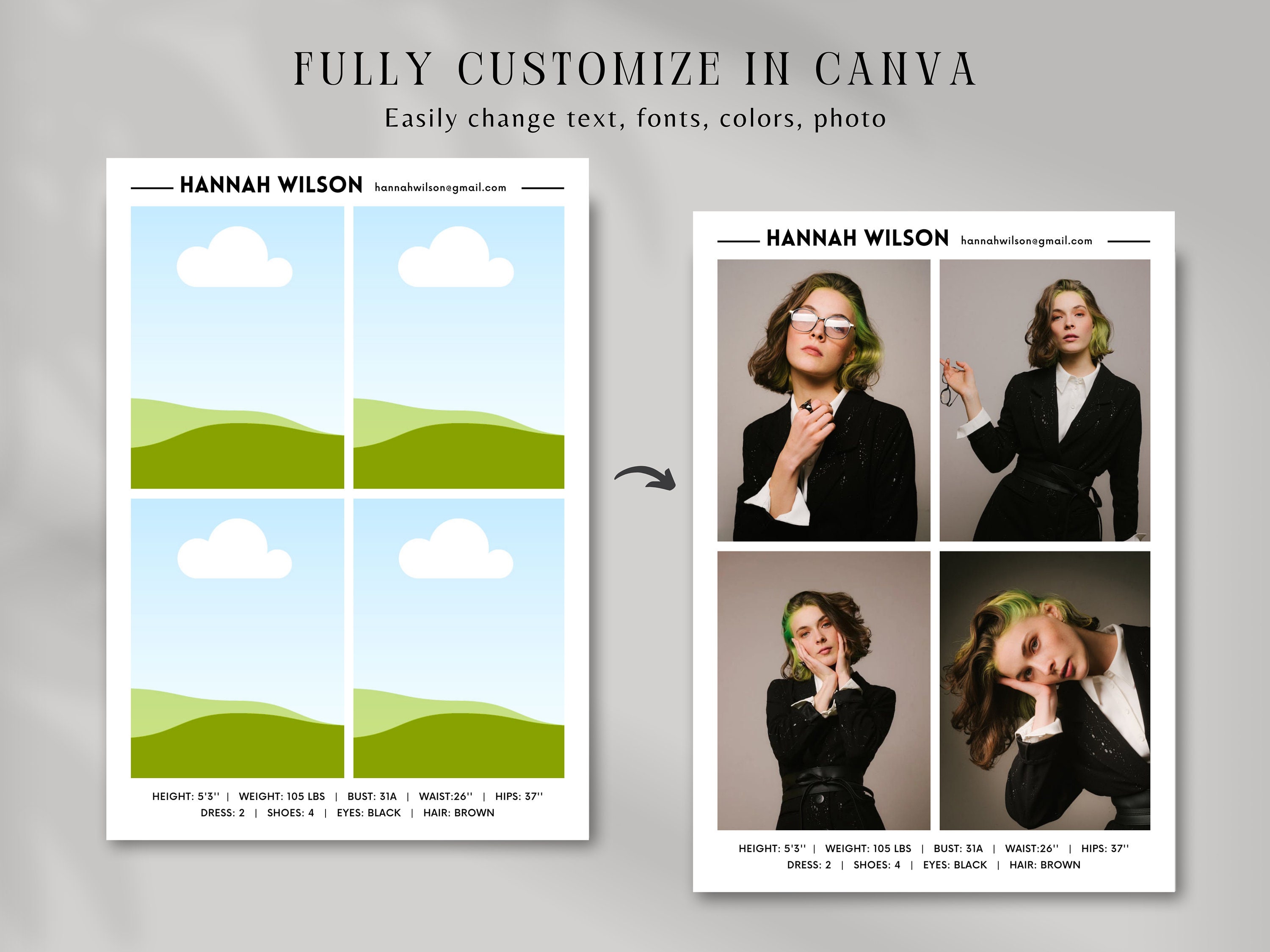 Modeling Comp Card Template, Canva Template, Model Portfolio Template ...