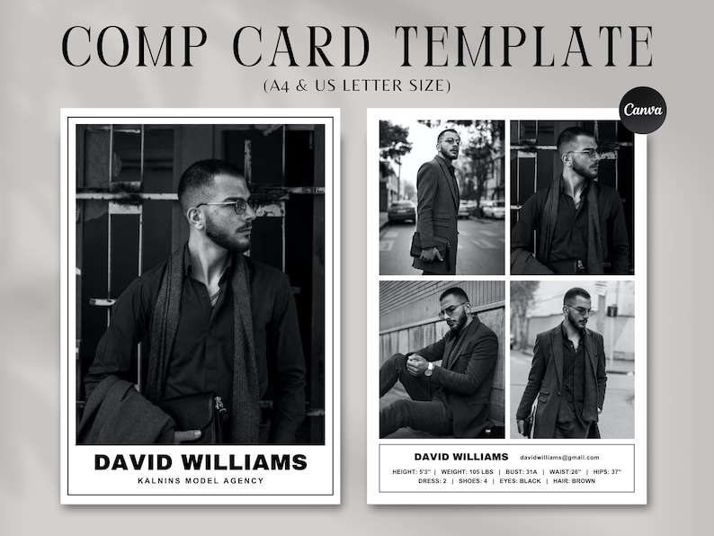 Male Model Comp Card Template Canva Template Fashion Model - Etsy