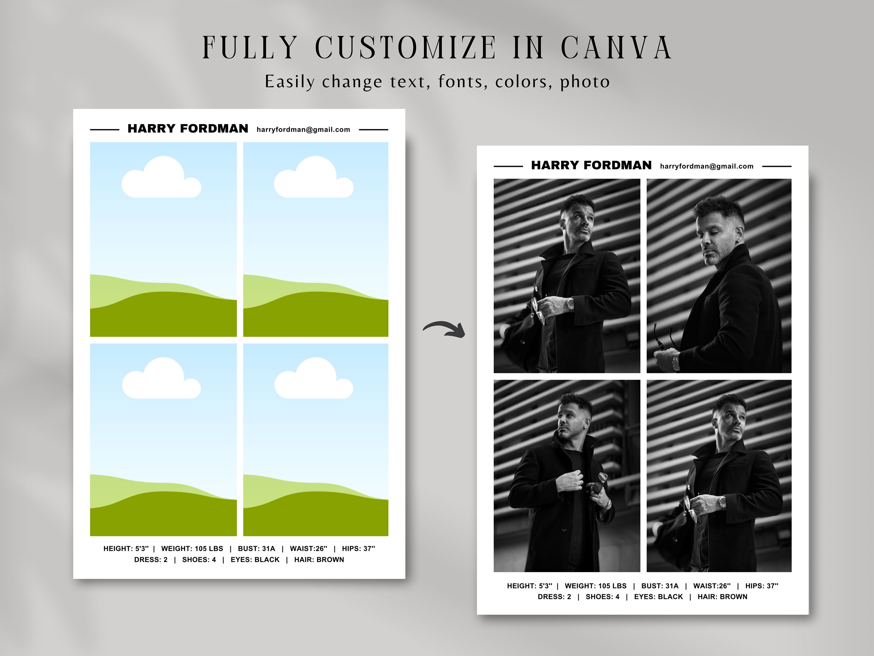 Male Model Comp Card Template, Canva Template, Model Portfolio Template ...