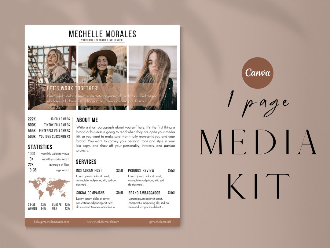 1 Page Media Kit Template, Influencer Media Kit, Rate Card, Blogger ...