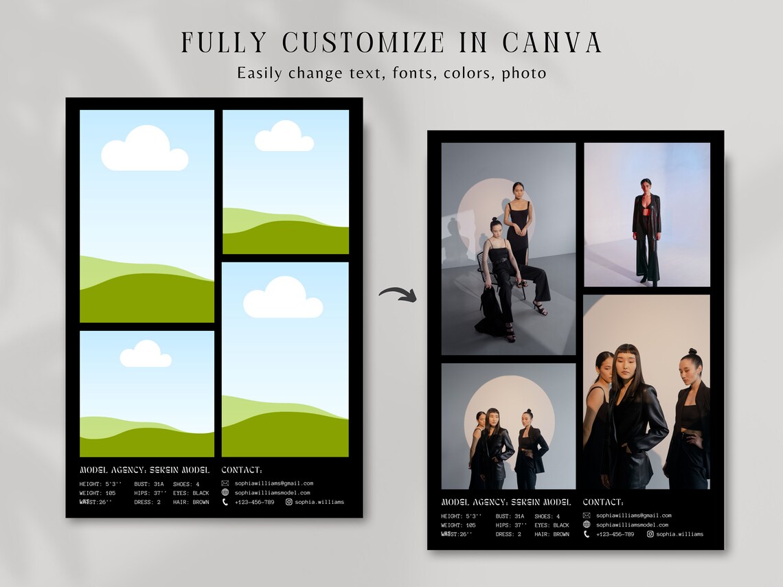 Model Comp Card Template, Canva Template, Fashion Model Zed Card, Model ...