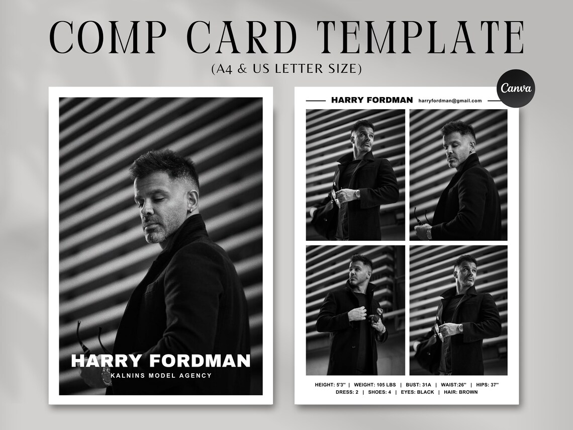 Male Model Comp Card Template, Canva Template, Model Portfolio Template ...