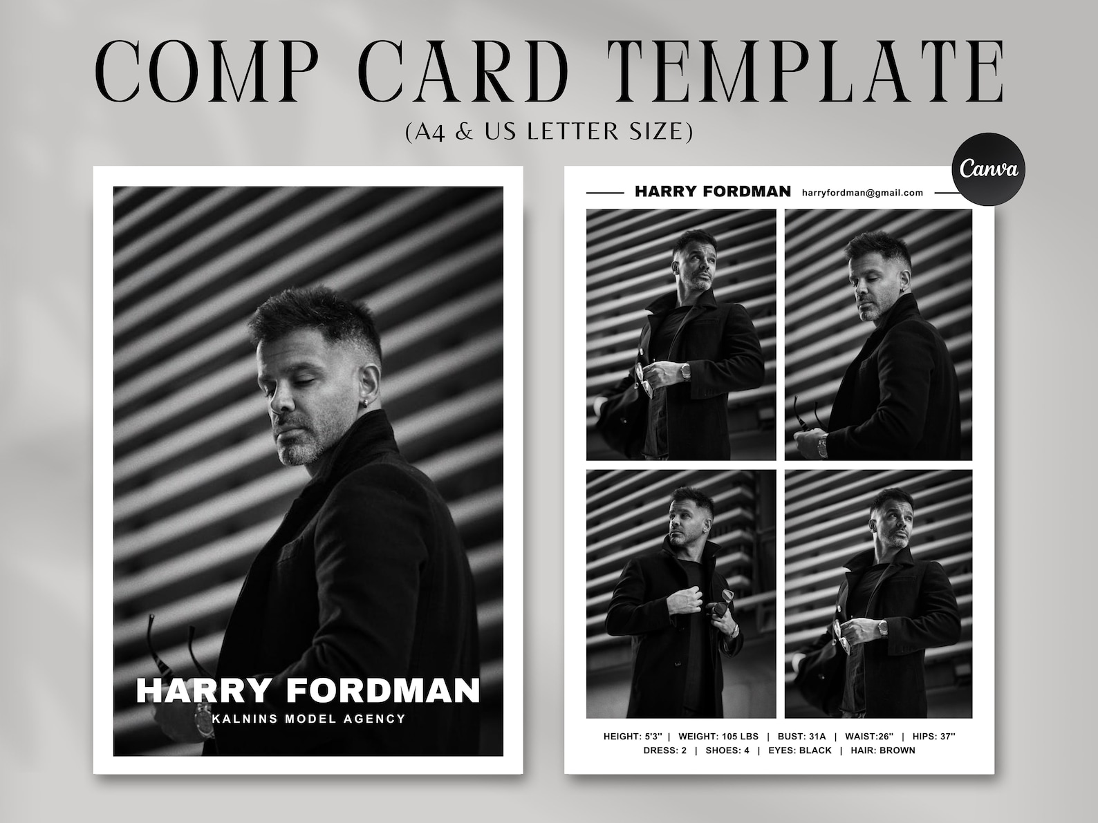 Male Model Comp Card Template, Canva Template, Model Portfolio Template ...