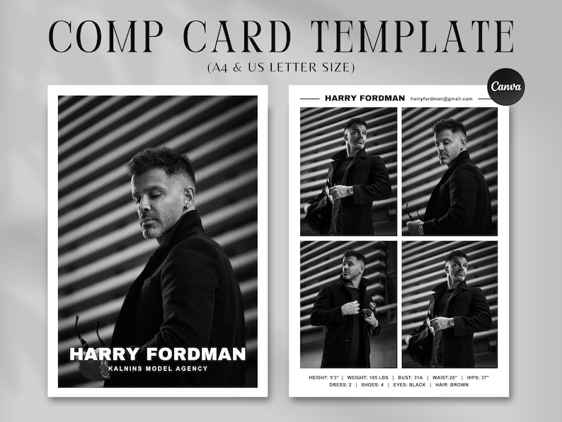 Male Model Comp Card Template, Canva Template, Model Portfolio Template ...