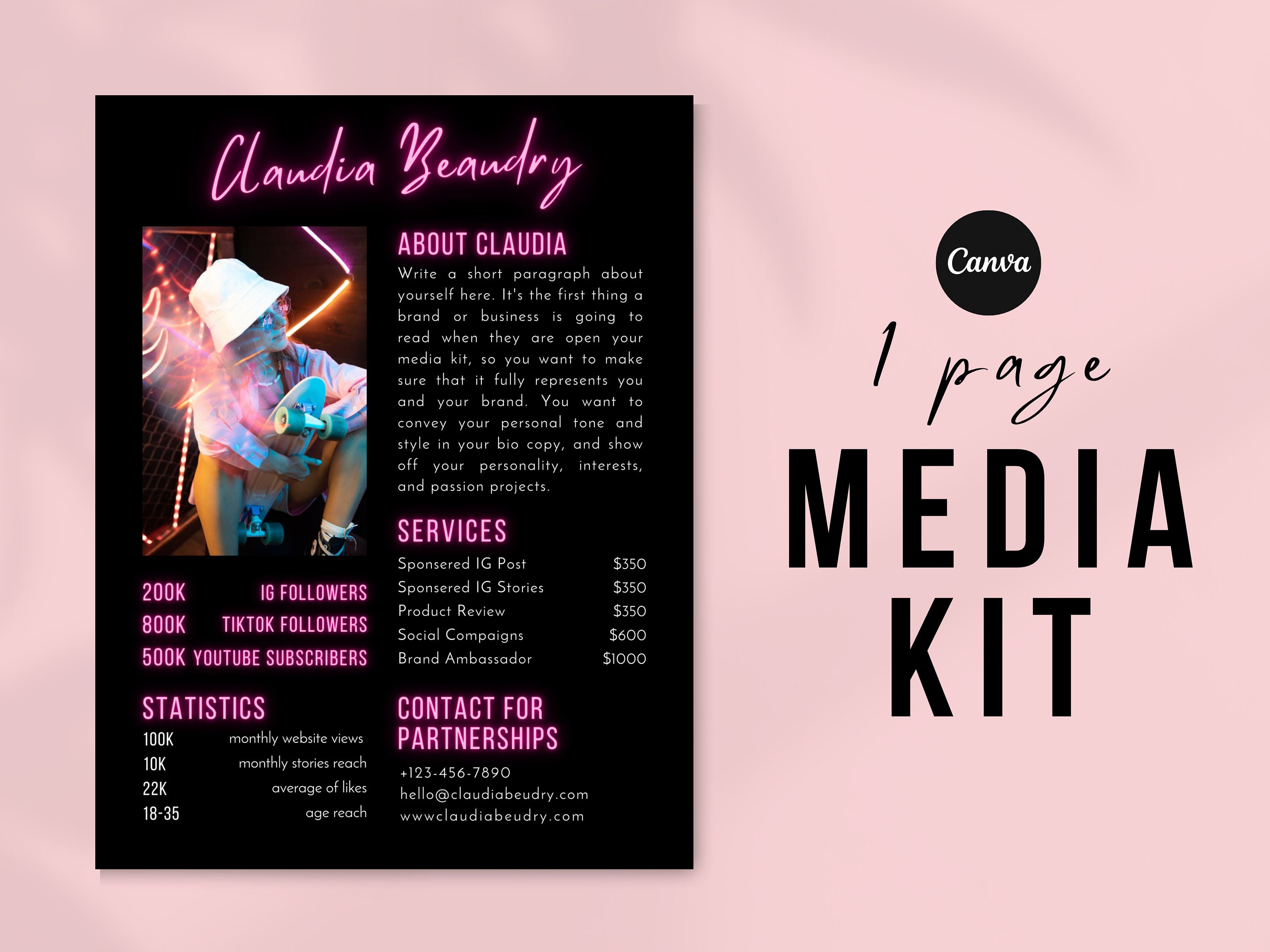 1 Page Media Kit Template, Pink Neon Press Kit, Influencer Media Kit ...
