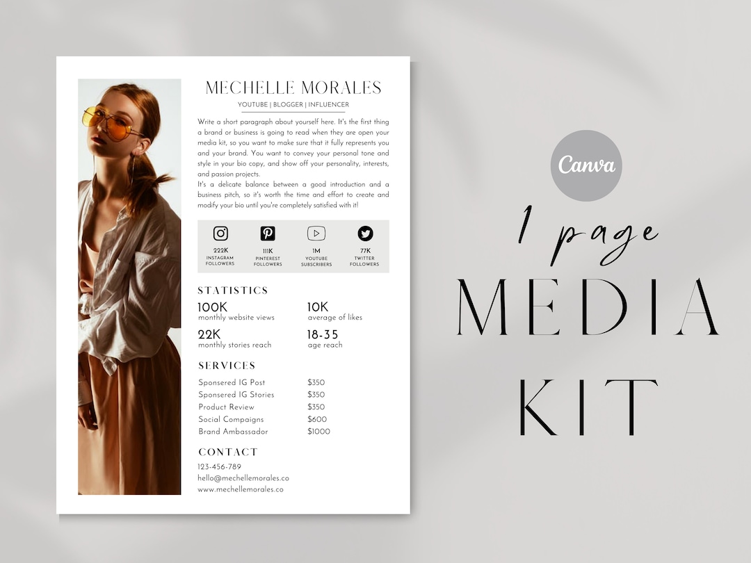 1 Page Media Kit, Minimalist Press Kit, Media Kit Template Canva ...