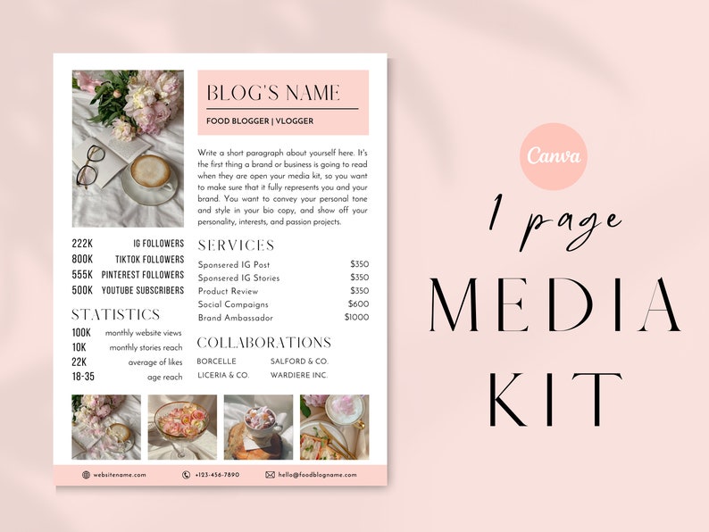 Food Blogger Media Kit, Pastel Press Kit, Canva Template, Template for ...
