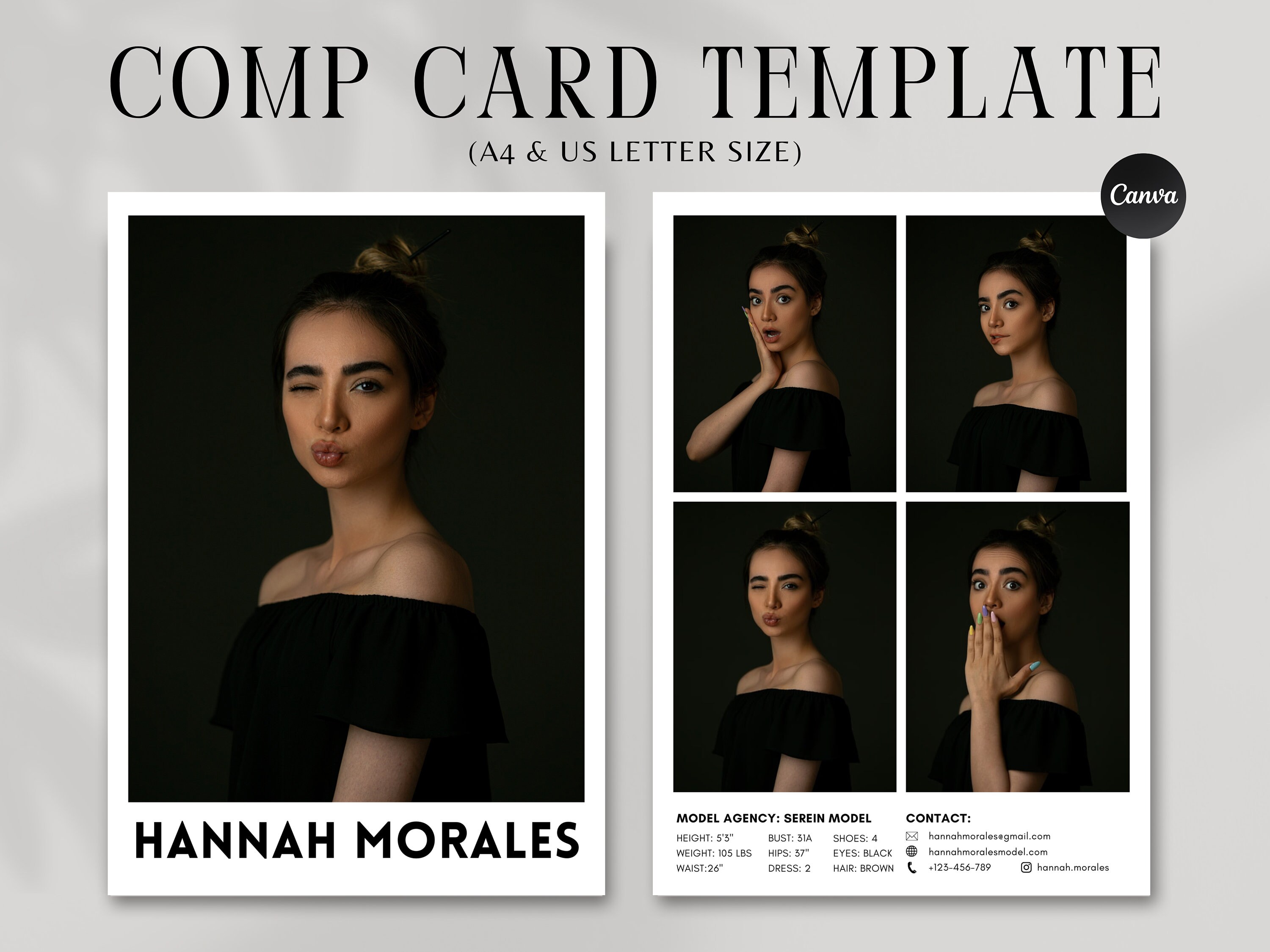 Modeling Comp Card Template, Canva Template, Fashion Resume Photo Card ...