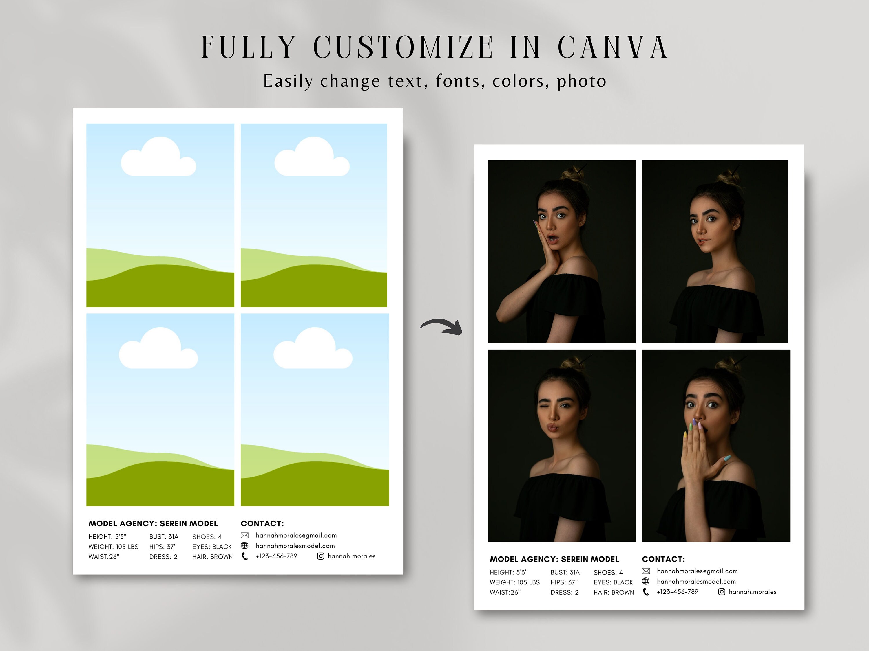 Modeling Comp Card Template, Canva Template, Fashion Resume Photo Card ...