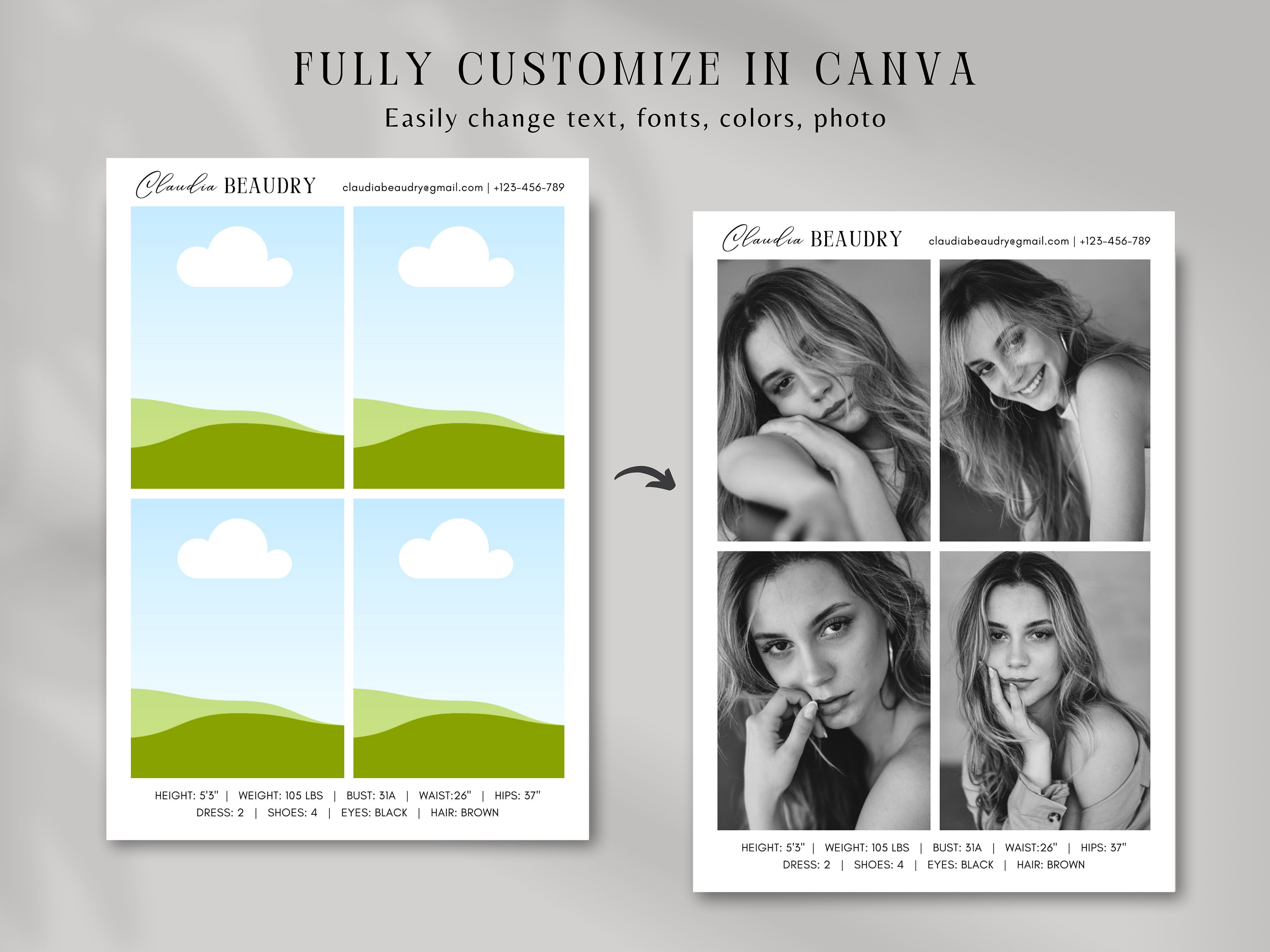 Modeling Comp Card Template, Canva Template, Model Portfolio Template ...
