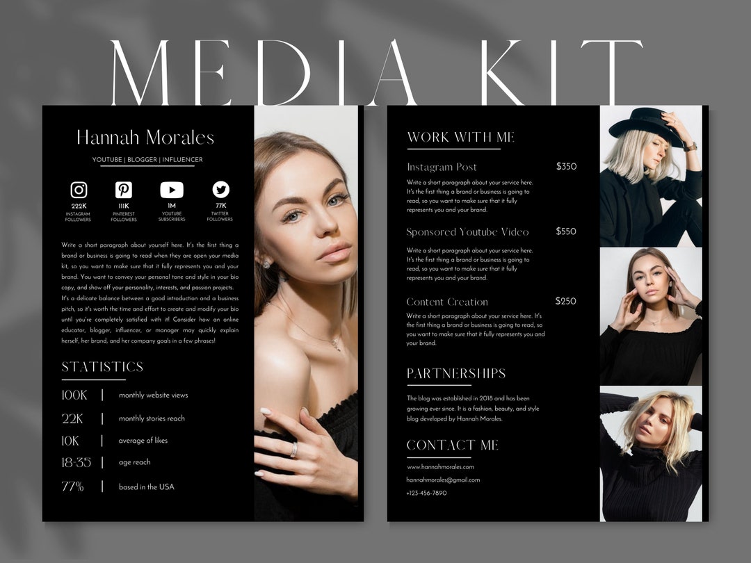 2 Page Black Media Kit Template, Influencer Media Kit, Social Media Kit ...