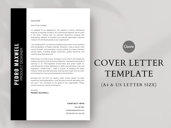 Professional Cover Letter Template Canva Template Modern | Etsy