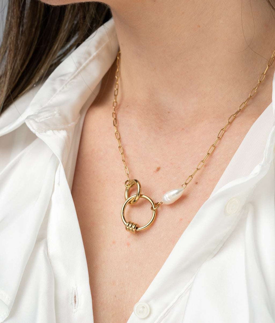 Interlocking Circle Necklace|dainty Double Circle Necklace|paperclip ...