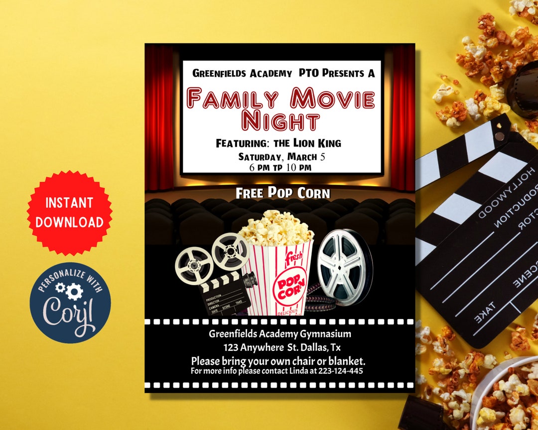 Movie Night Flyer Template, Family Event Party Invitation, Movie Theme ...
