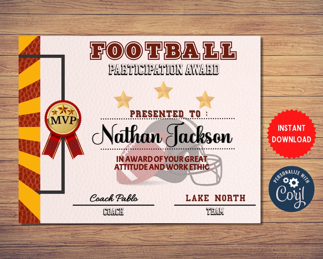 Instant Download, Printable Football 8.5x11 Certificate, Football Award ...