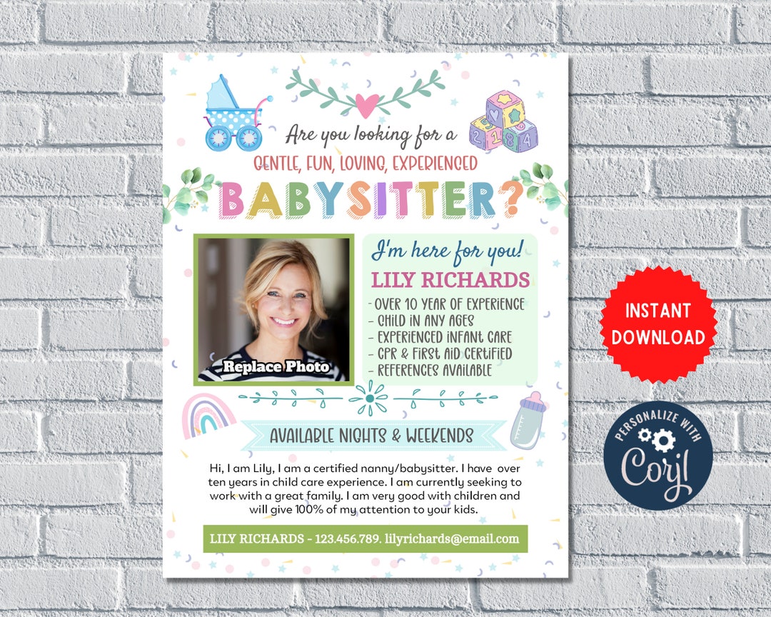 Editable Babysitter Flyer, Childcare Services Community Caretaker ...