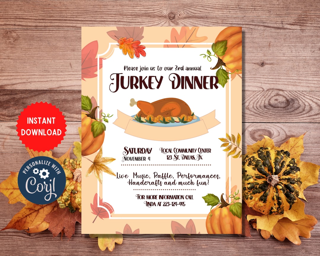 Turkey Dinner Flyer Invite Template, Thanksgiving Party Invitation ...