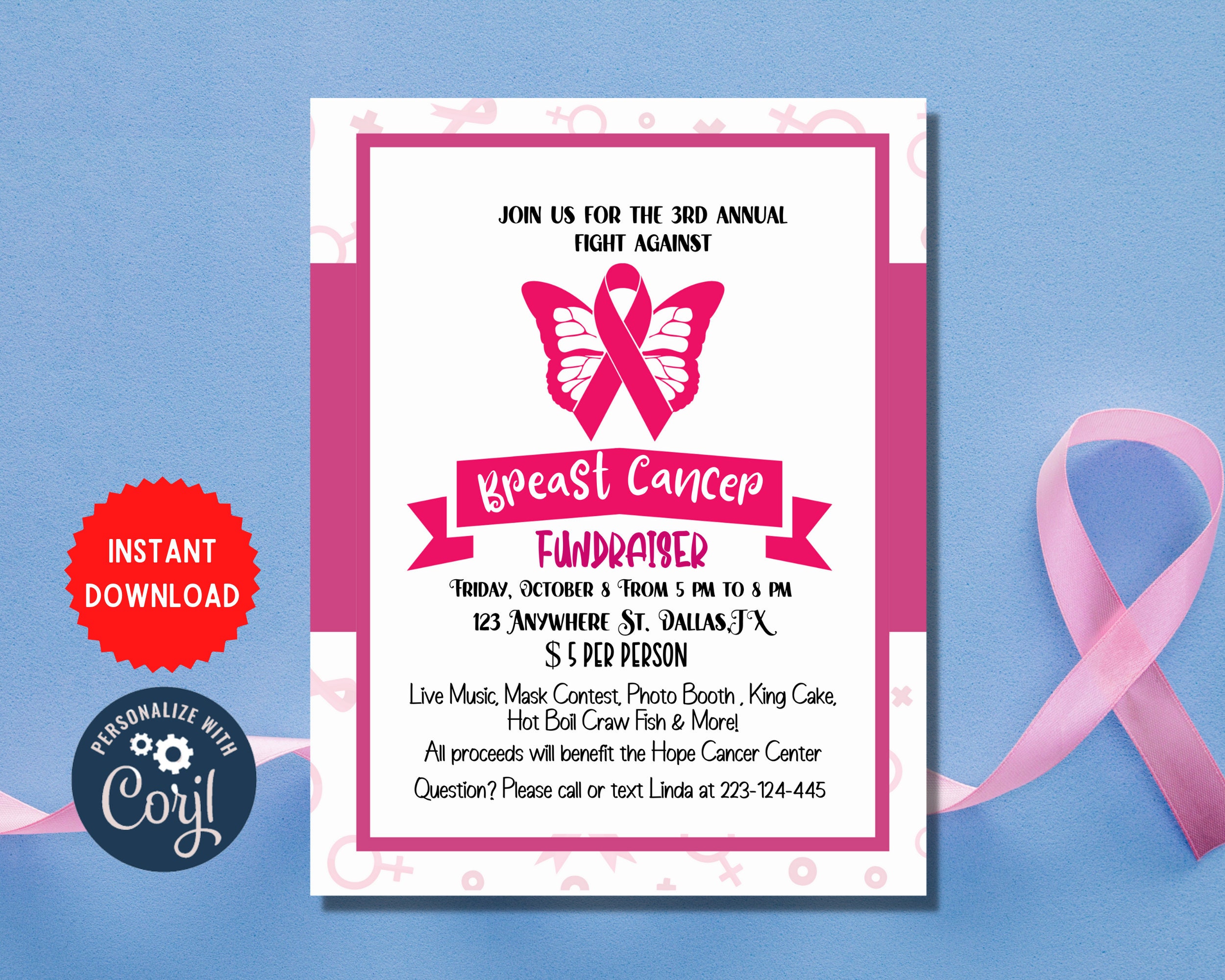 Breast Cancer Flyer Invite Template, Custom Fundraising Invitation ...