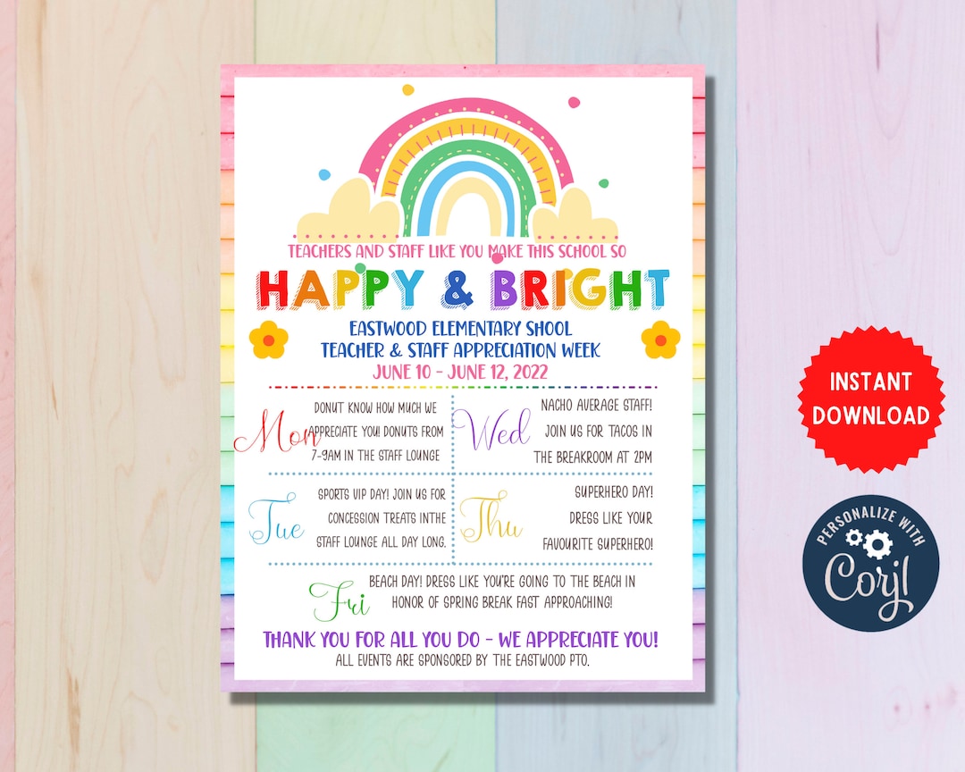 Teacher Appreciation Week Itinerary, Make This School so Bright & Happy ...