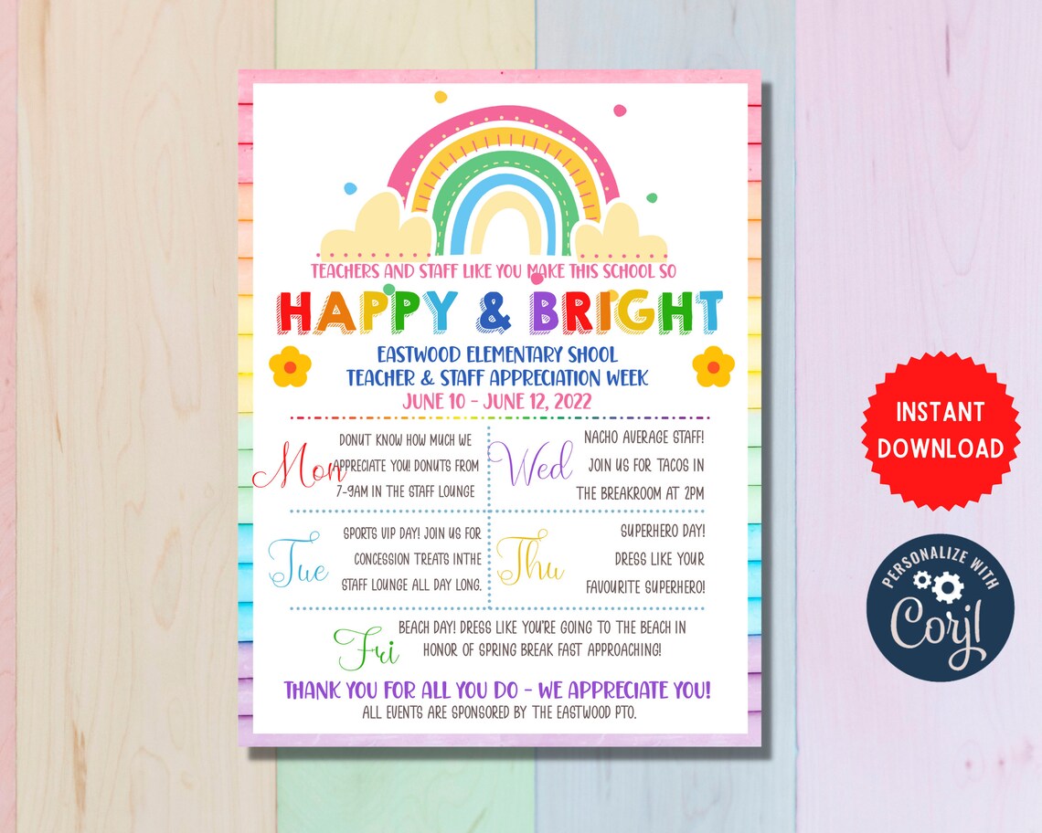 Teacher Appreciation Week Itinerary, Make This School so Bright & Happy ...