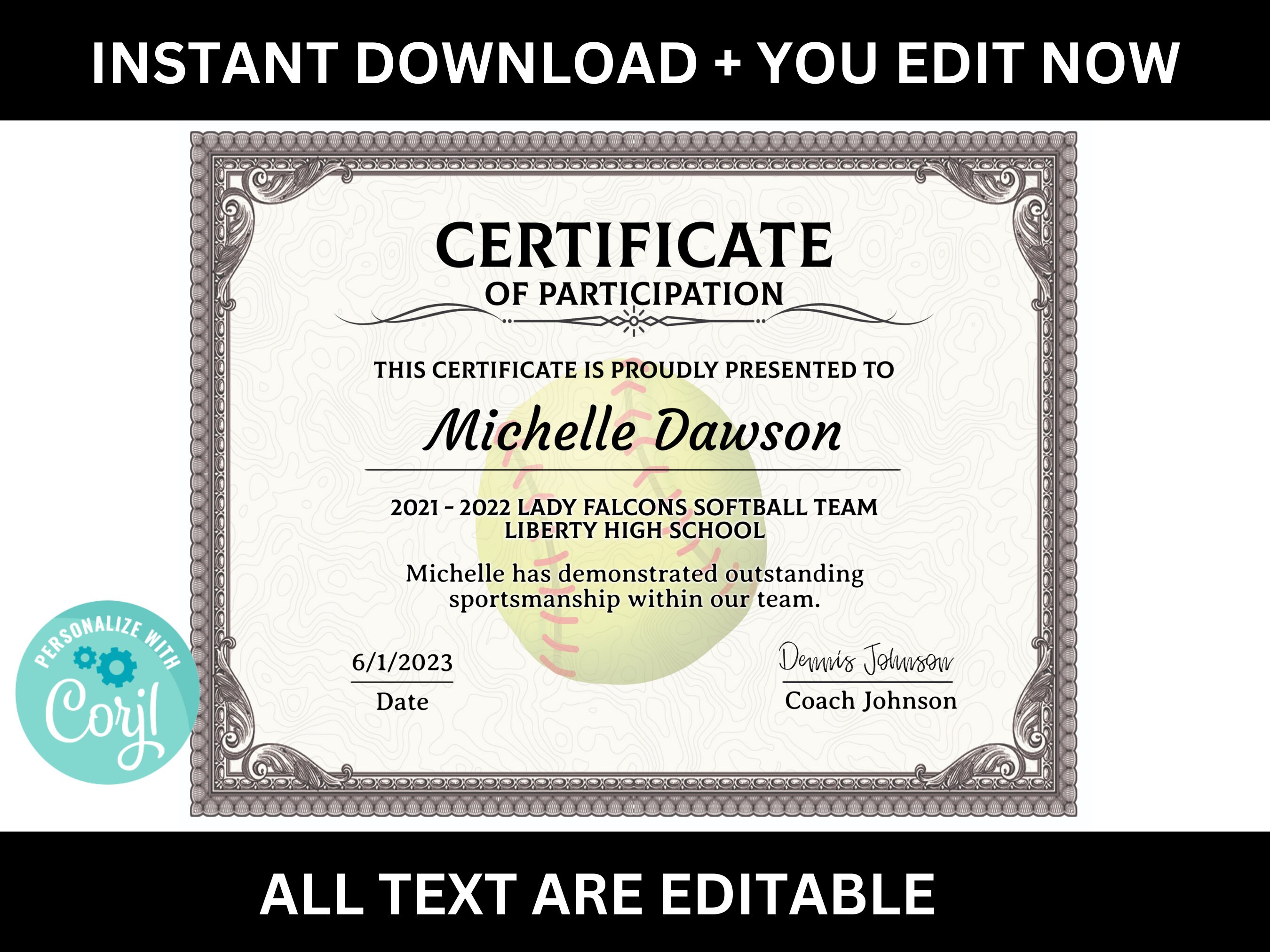 Softball Award | Editable Certificate Template | Girls Softball Team ...