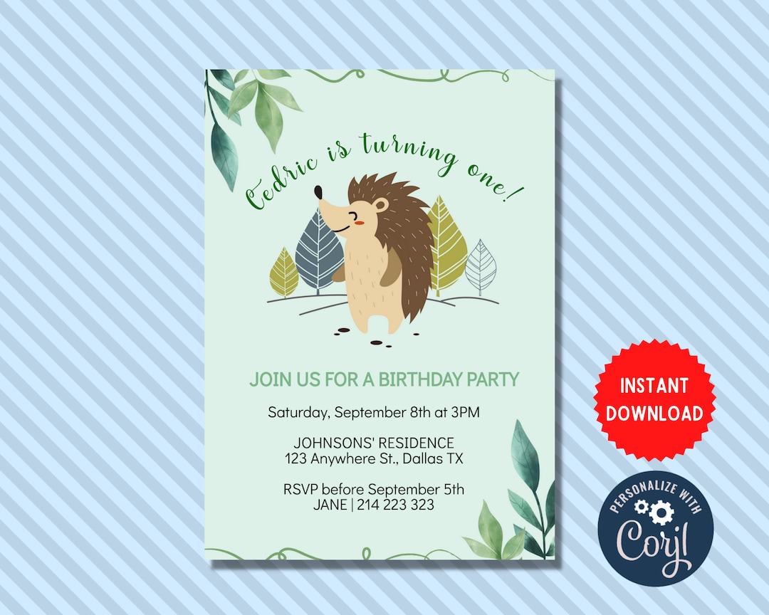 Hedgehog Birthday Invite, Cute Birthday Celebration Invite, Customize ...