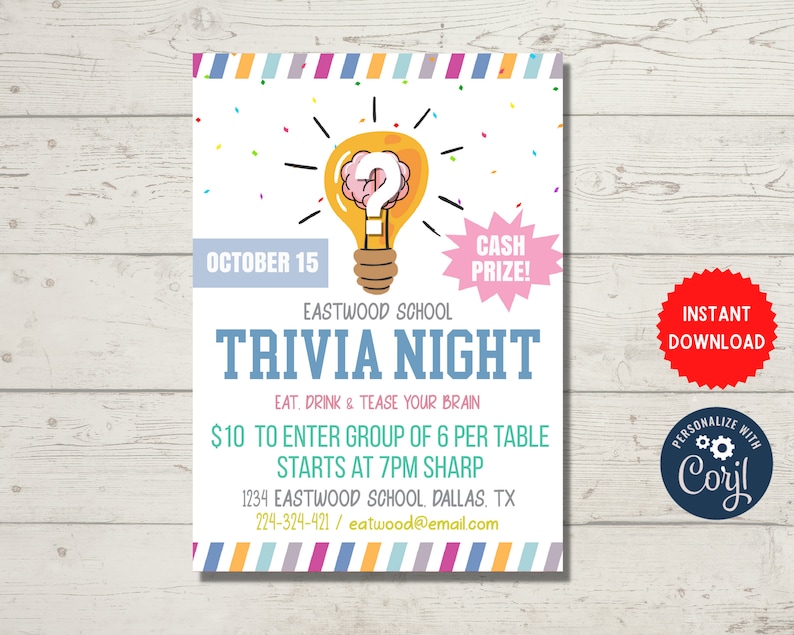 Trivia Event Flyer, Trivia Night Printable, PTA Event Flyer, Quiz ...