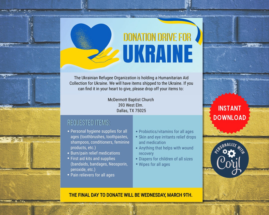 Ukraine Donation Flyer Charity Help Donate Conflict Food Clothing Drive ...