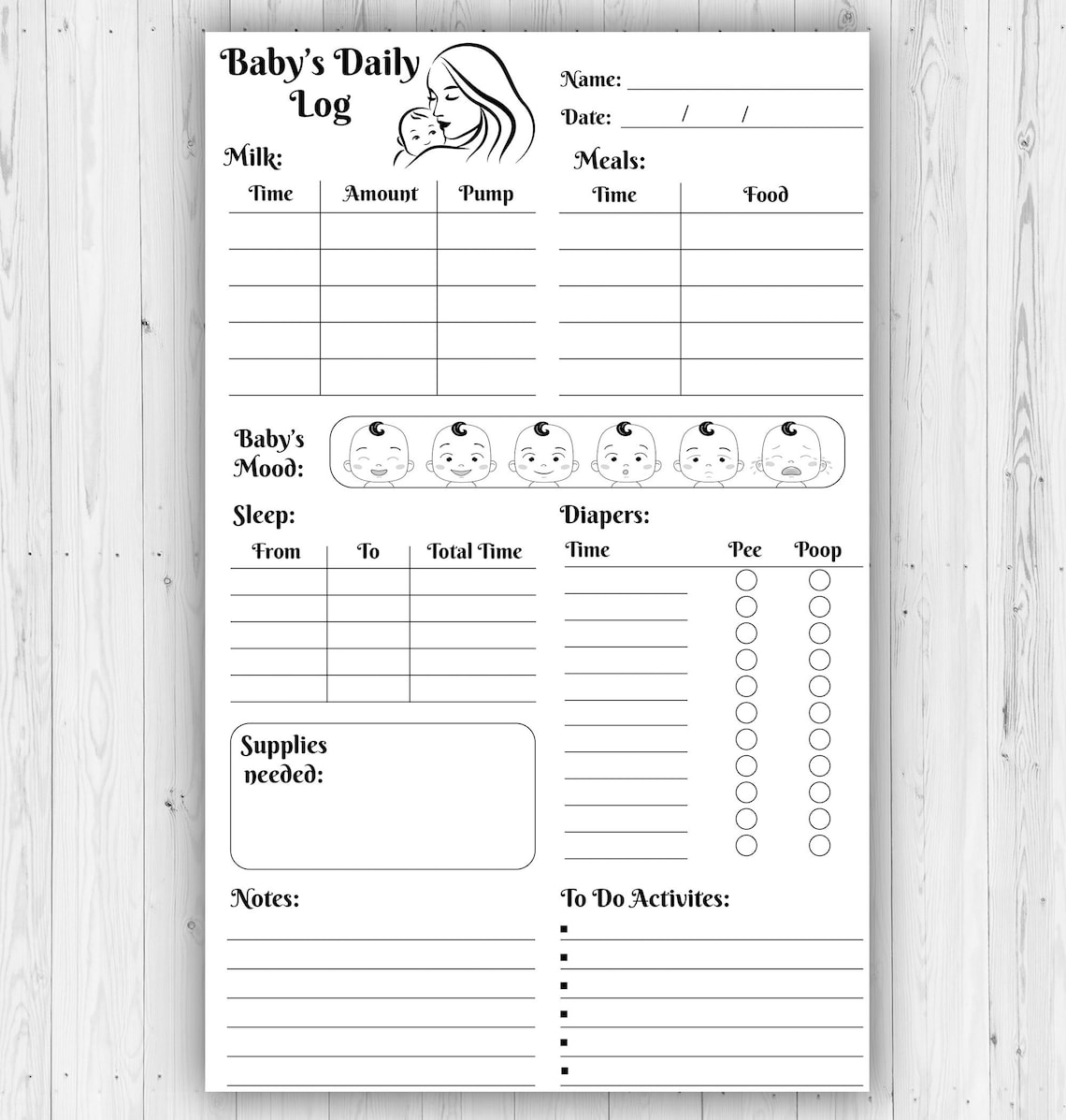 Newborn Baby Tracker Mood Daily Log Sleep Time Diapers Notes to Do ...