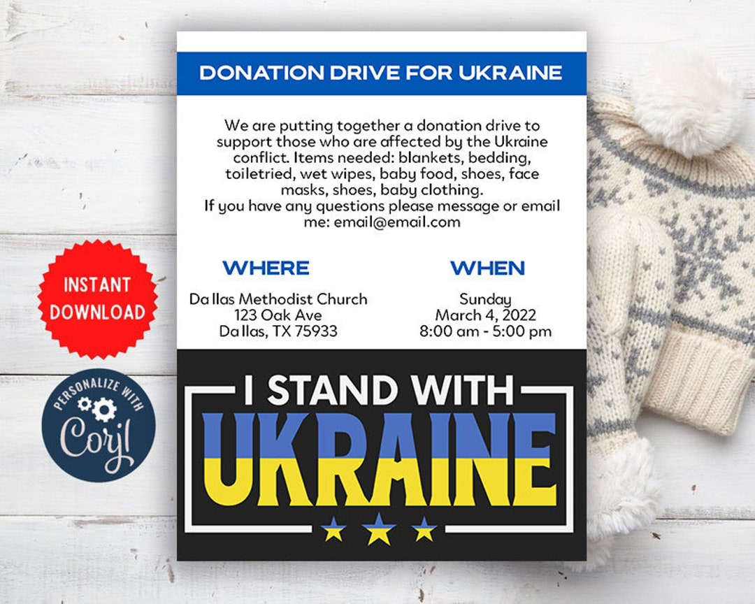 Donation Drive for Ukraine Charity Flyer Donate Conflict Food Clothing ...