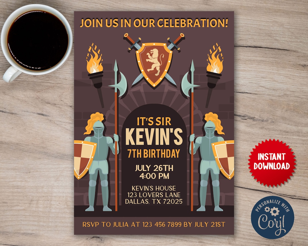 Knights Theme Birthday Party Invite, Kids Medieval Personalized ...