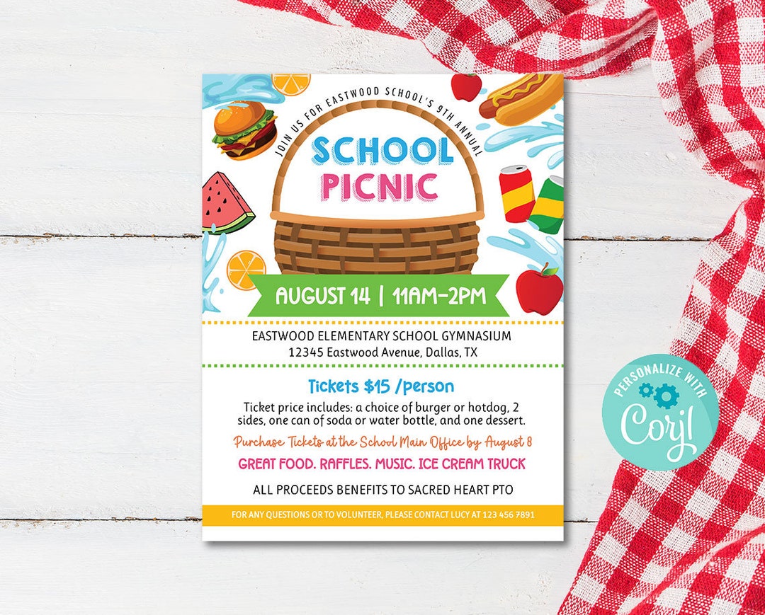 School Picnic Party Invite Flyer, Pta Pto Fundraiser Back to School ...