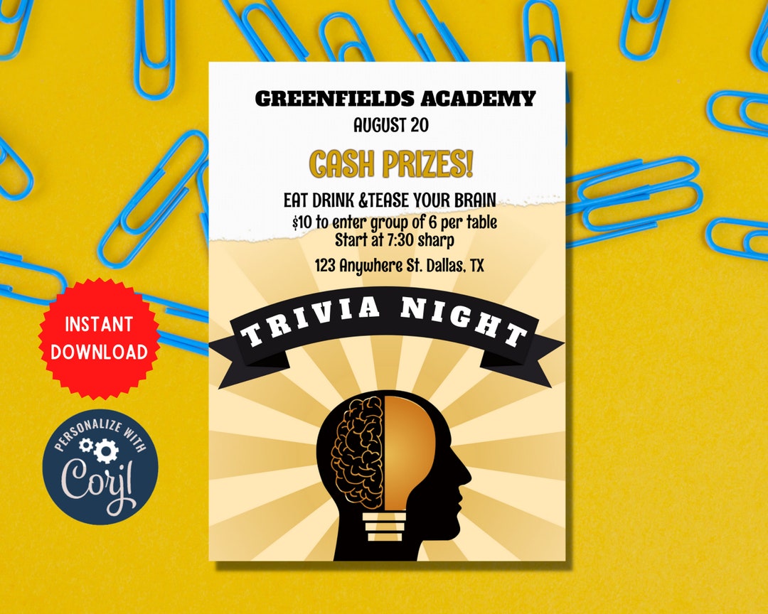 Trivia Night Flyer Invite Template, School Event Party Invitation, Quiz ...