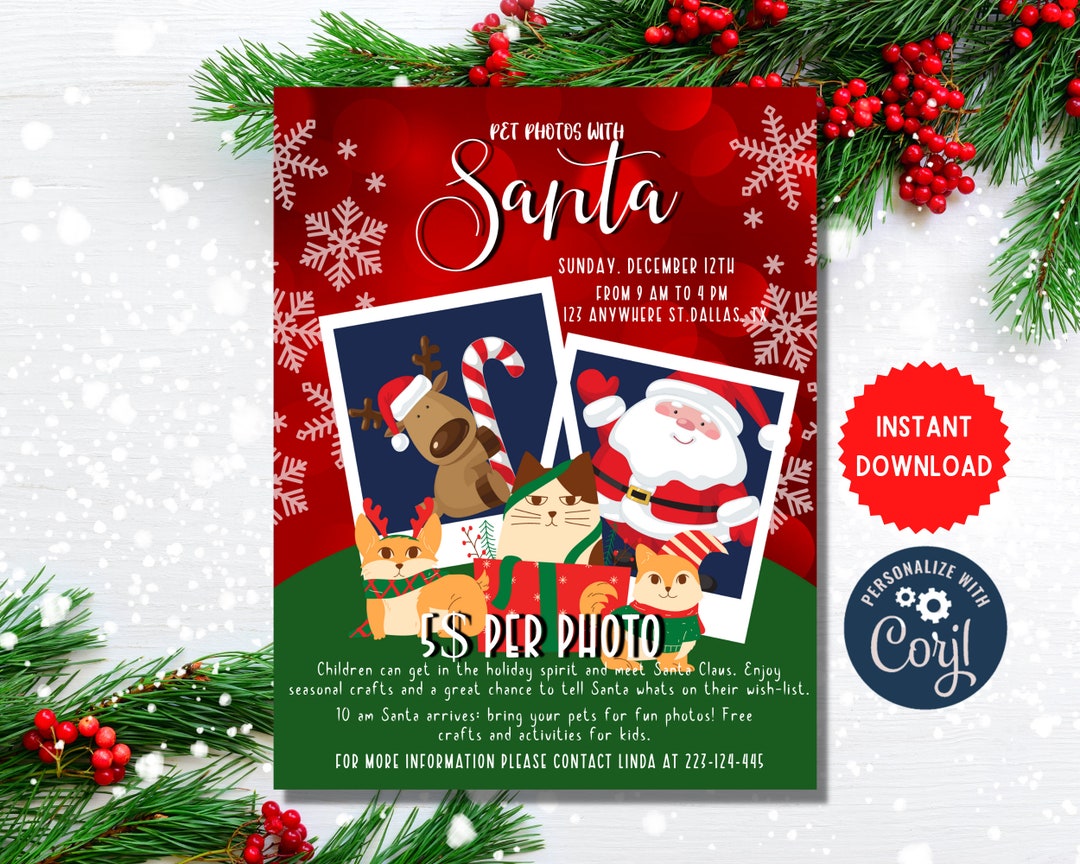 Pet Photos With Santa Flyer Printable, Santa Christmas Pet Photo 8.5x11 ...