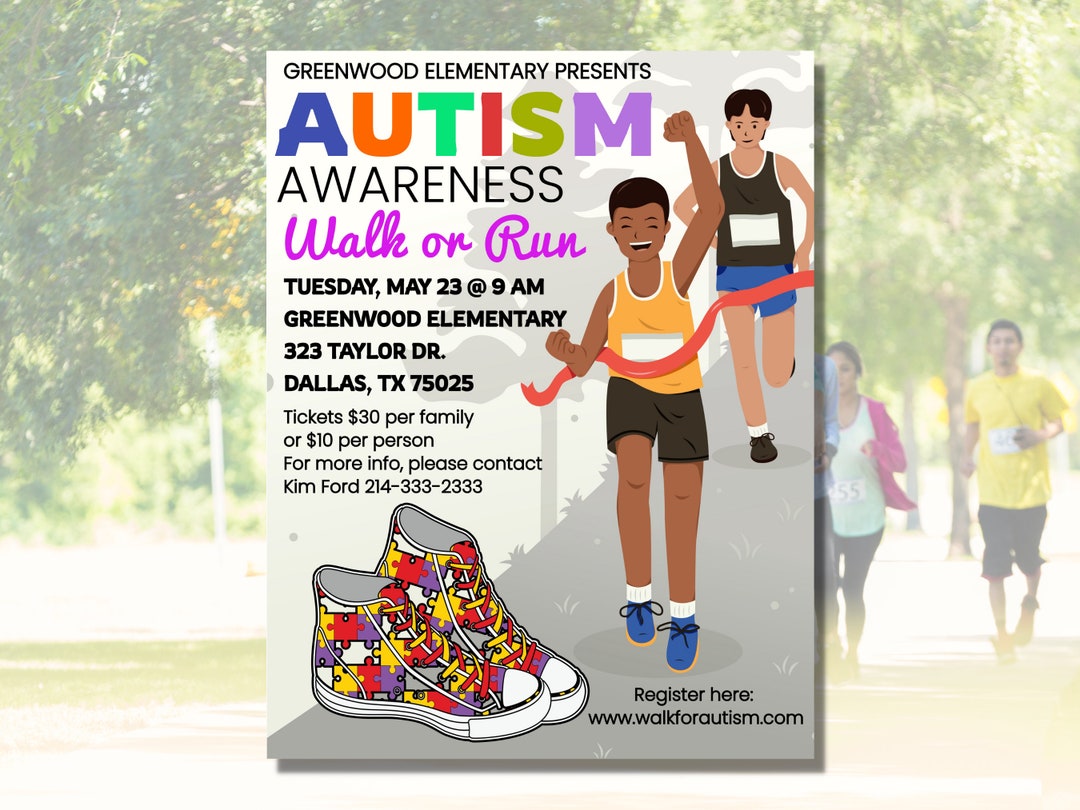 Autism Awareness Fun Walk Run Family Day Event Flyer PTO PTA Fundraiser ...