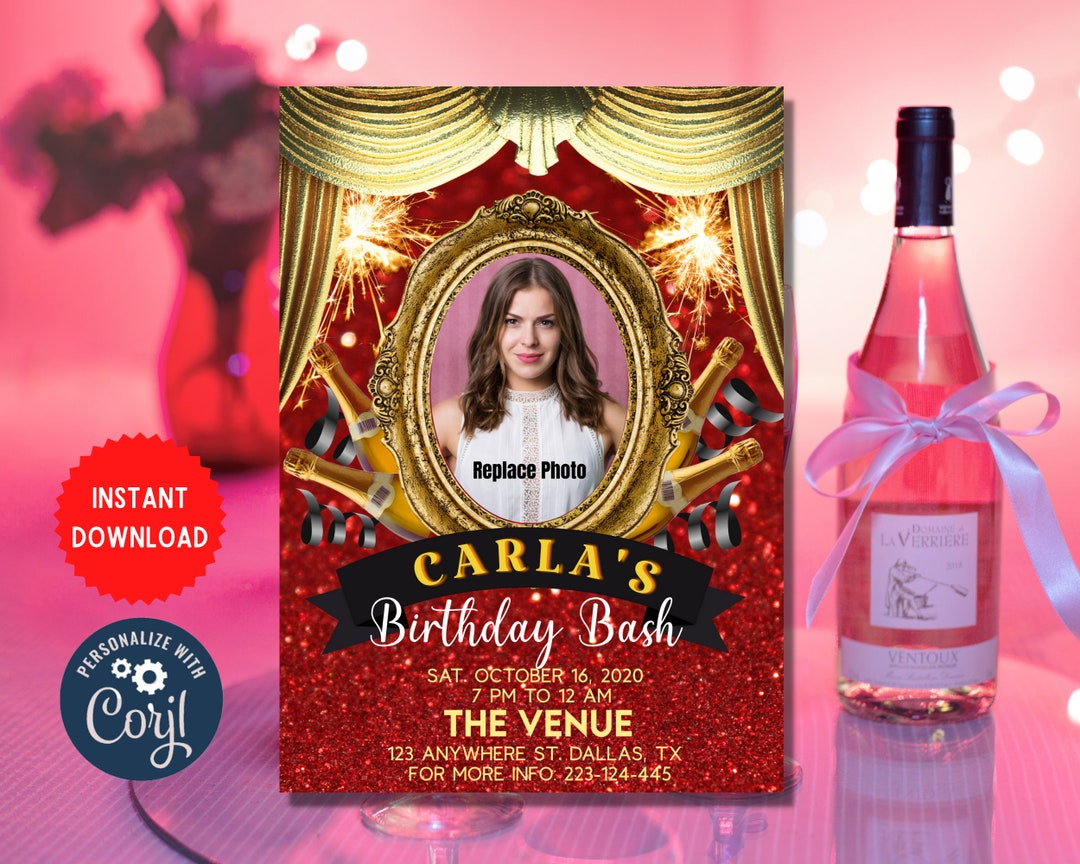 Champagne Birthday Party Invite Template, Custom Birthday Photo ...