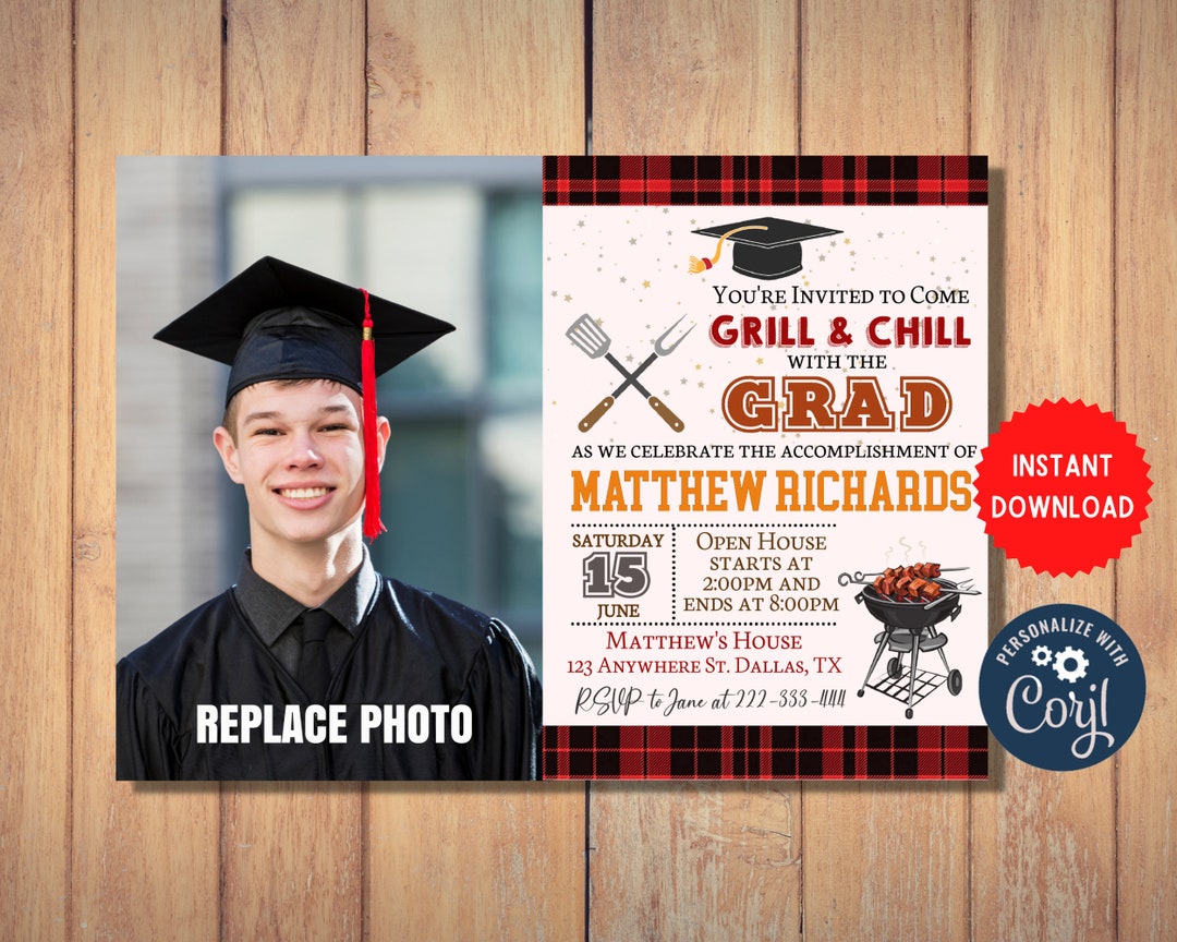 BBQ Graduation Invitation, Printable Digital College Grad Invite ...