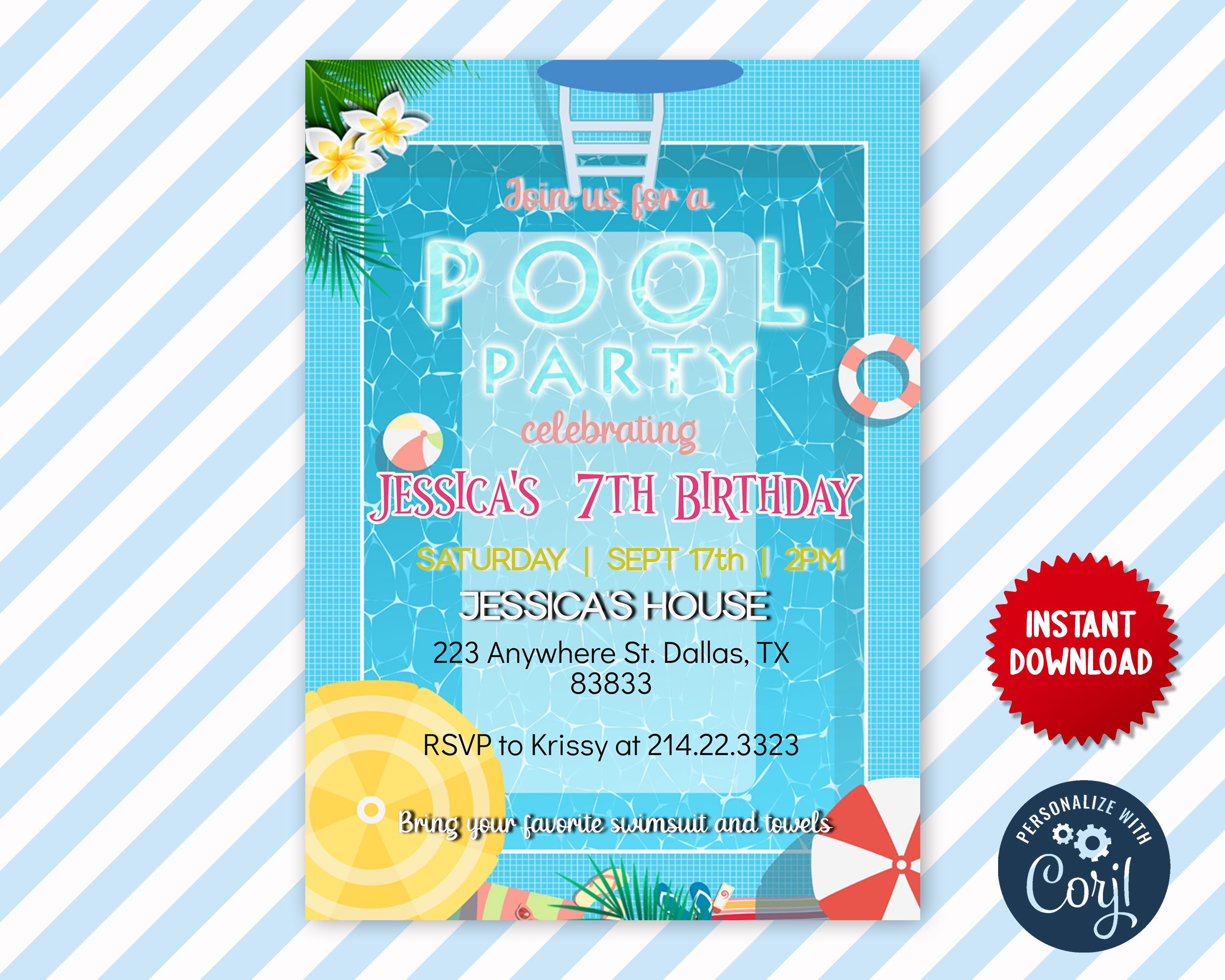 Pool Party Invite, Pool Party Invitation, Swimming Party, Corjl, Summer ...