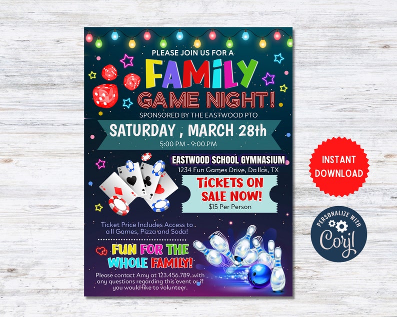 Family Game Night Flyer, Printable PTA PTO Flyer, School Church Benefit ...