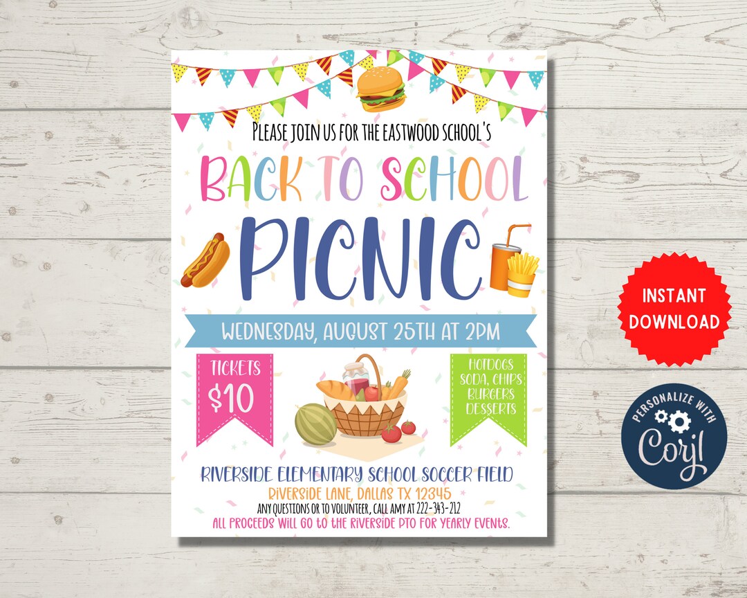 Back to School Picnic Flyer, PTA School Fundraiser Printable Template ...