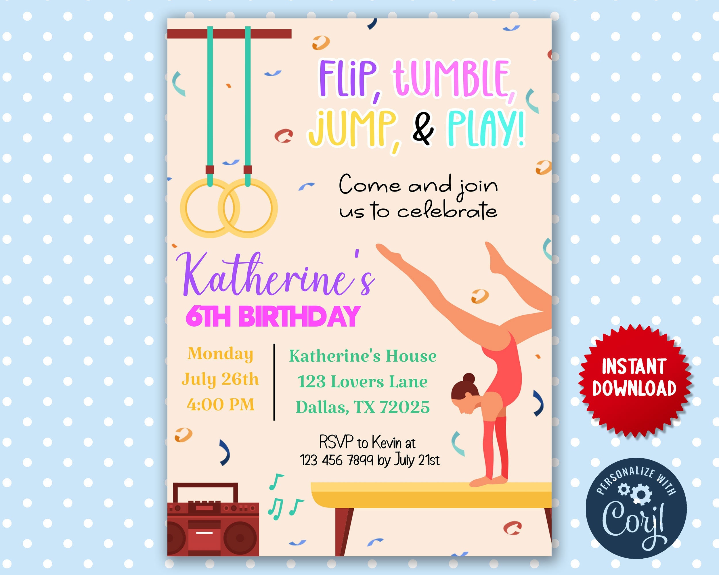 Gymnast Birthday Invitation - Gymnastics Birthday Party Invite - Gym ...