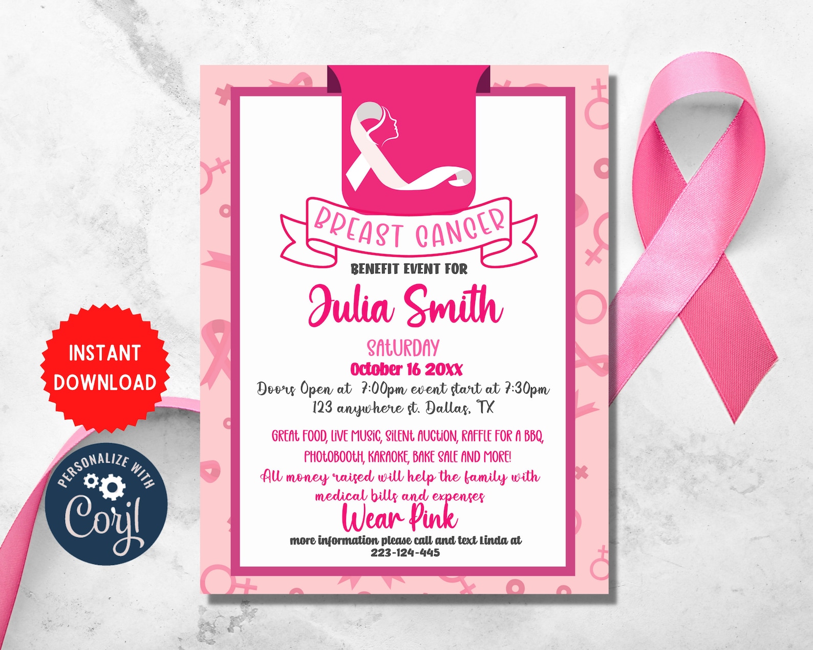 Breast Cancer Invite Template, Custom Fundraising Invitation, Editable ...
