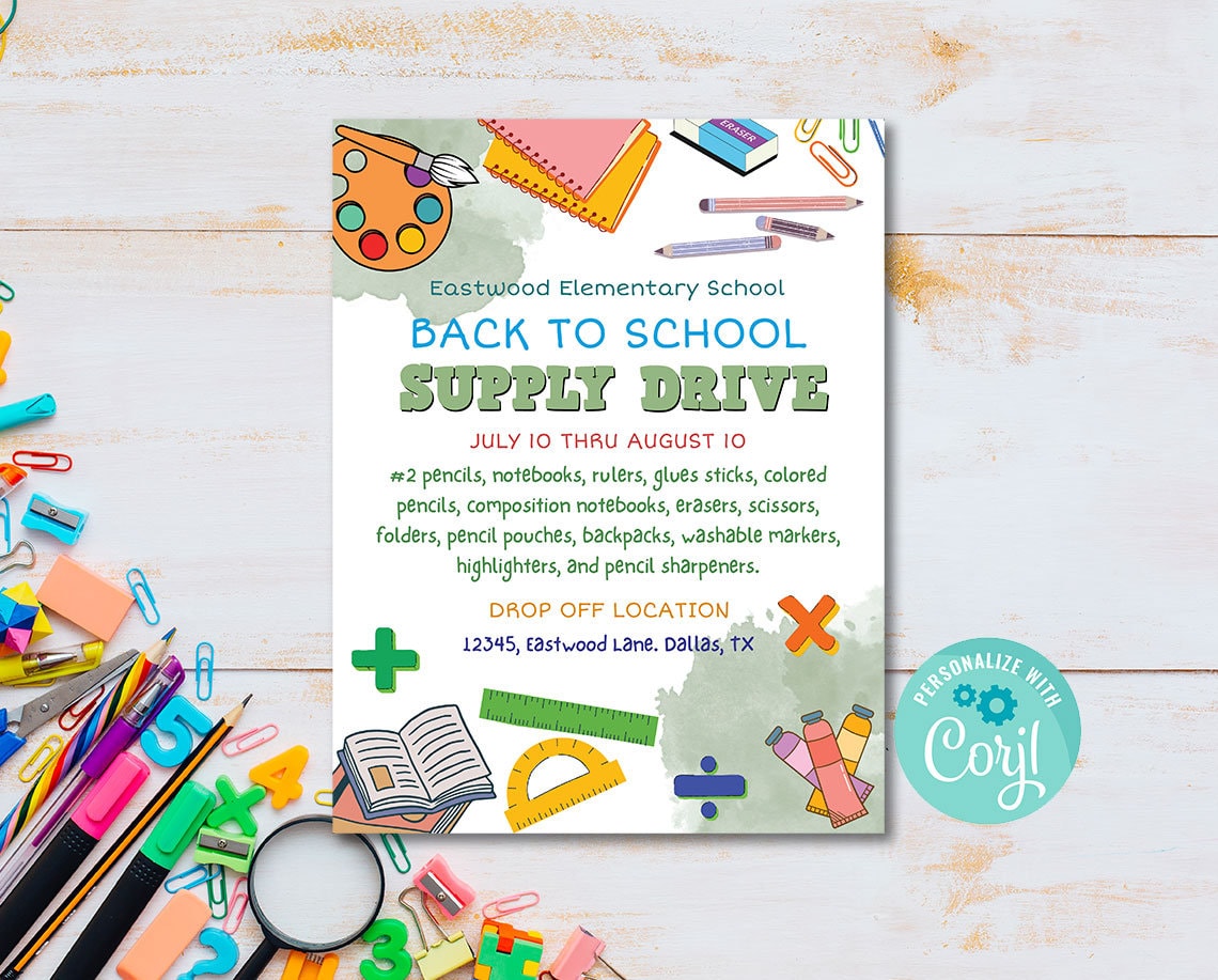 Editable Template School Supply Drive Flyer Template | Back to School ...