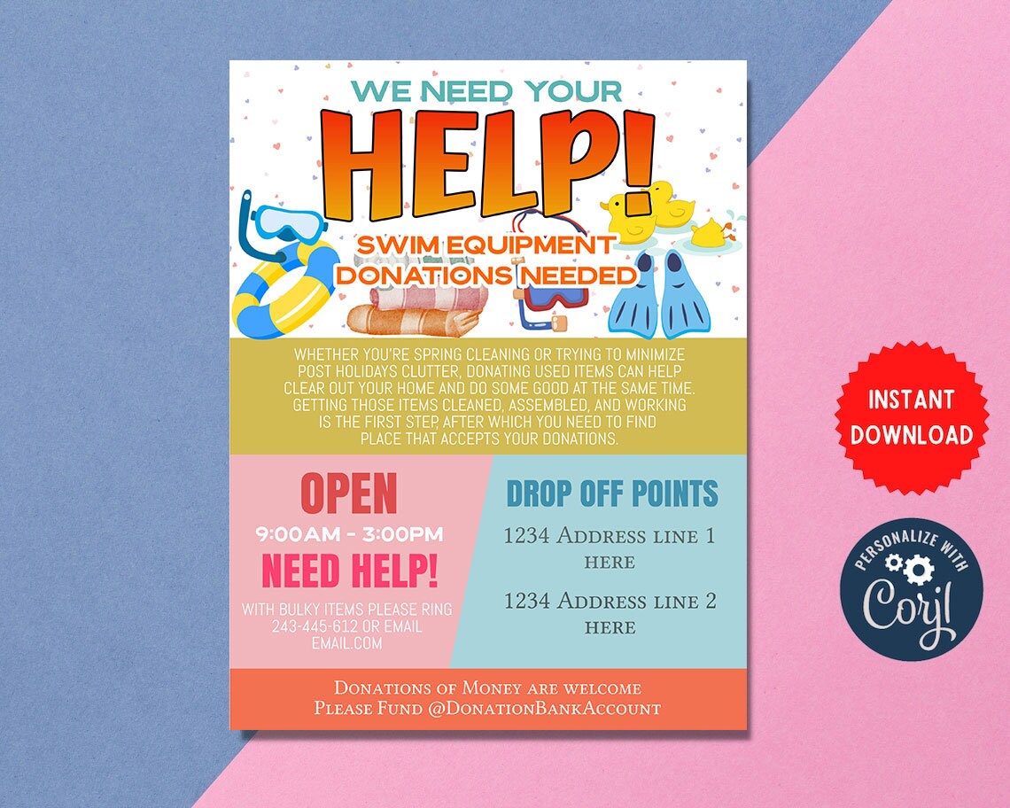 Editable Swim Equipment Donation Drive Flyer, New and Used Flyer, Swimming Fundraiser Printable ...