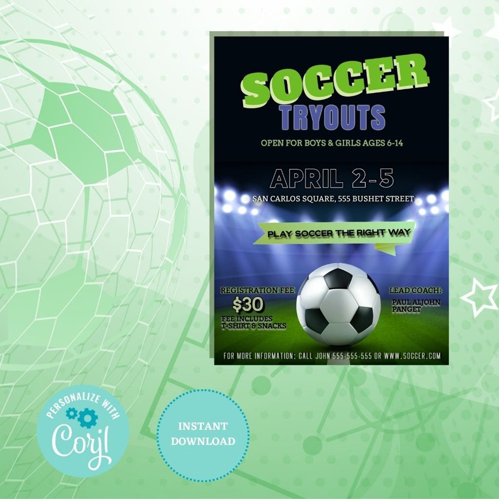 Soccer Tryout Poster, Printable Poster, Ads, Printable Editable Corjl ...
