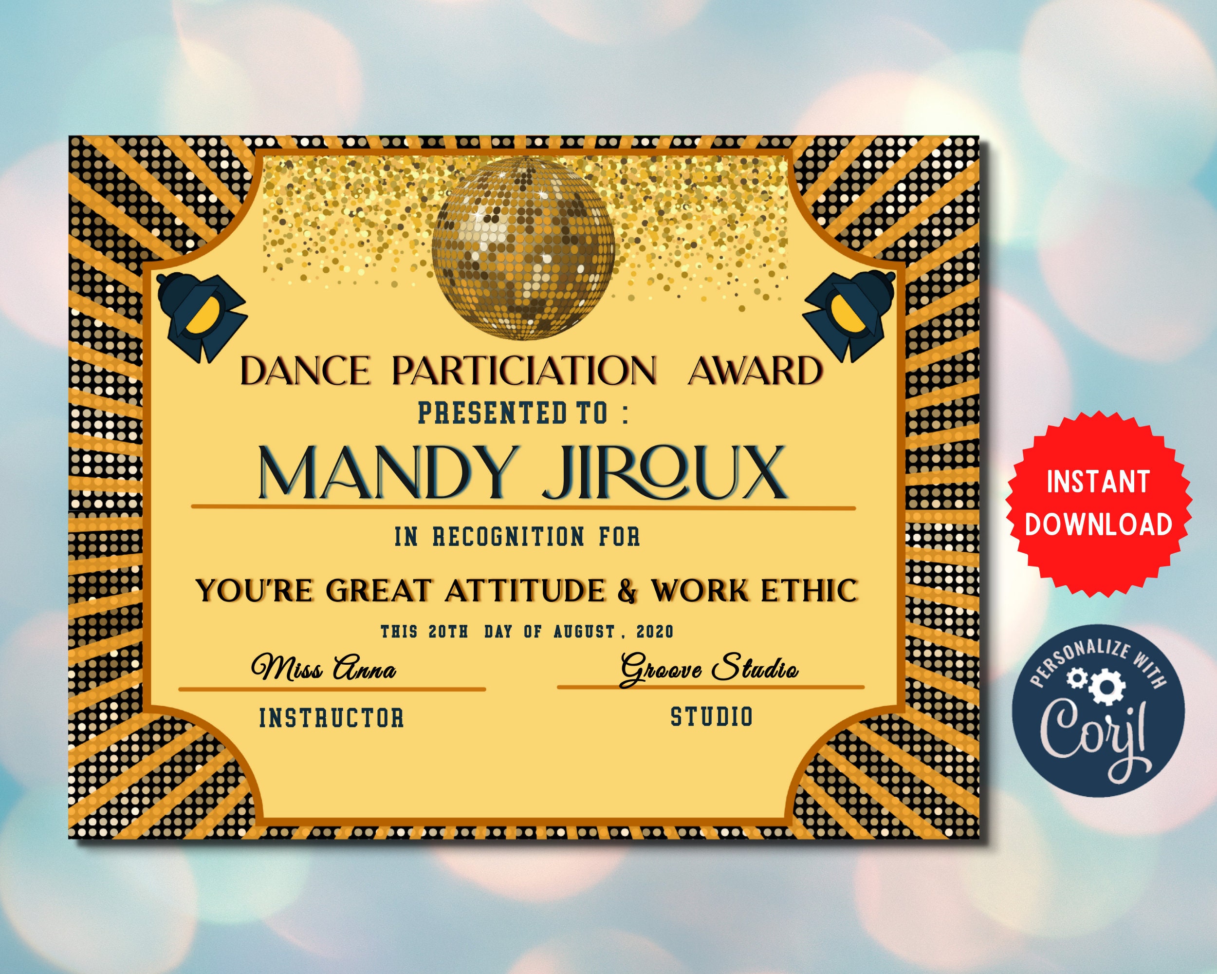 Instant Download, Printable Dance 8.5x11 Certificate, Dance Award ...