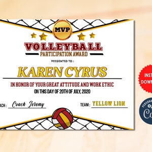 Volleyball Certificates Instant Download, Volleyball Award, Printable ...