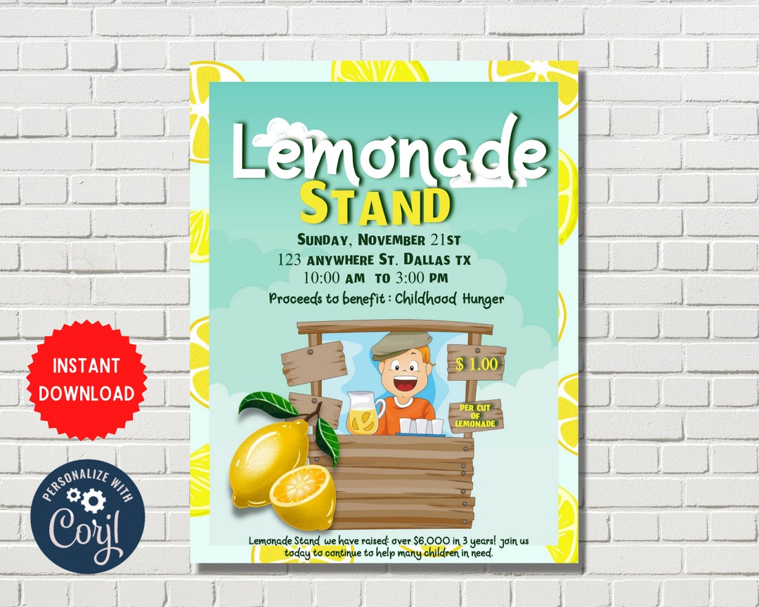 Lemonade Stand Fundraiser Flyer Printable, Kids Fundraiser, School ...