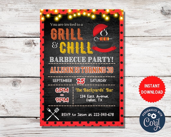 Barbecue Birthday Party Invite Template Custom Grill Birthday - Etsy