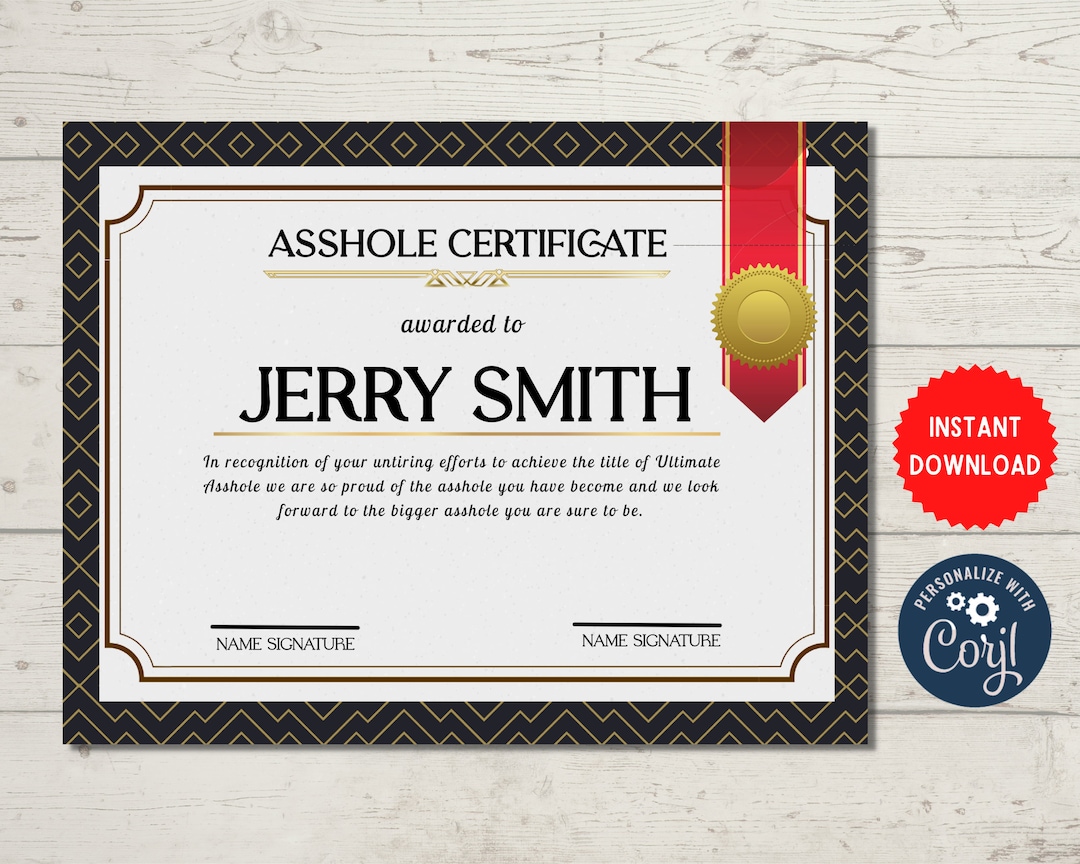 Editable Funny Asshole Certificate Template, Printable Certificate ...